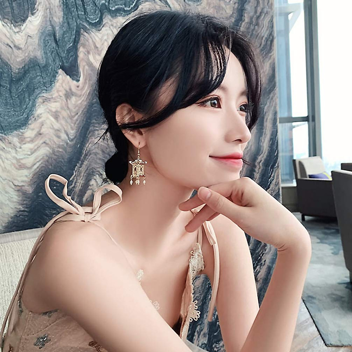 Holibanna 1 Pair Bead Tassel Earrings Gold Drop Earrings Pavilion Shaped Design Earrings Decorative Chinese Style Ear Jewelry Party Dangle Earrings for Women Ladies