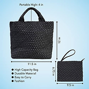 State of Bliss Onyx Neoprene Woven Hobo Tote with Top Handle and Detachable Woven Wristlet Clutch - Lightweight, Water-resistant, and Spacious Designer Lookalike Tote Bag for Beach, Gym, and Travel