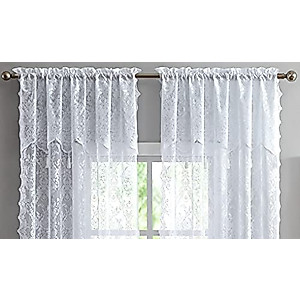 Warm Home Designs Pair of 2 White Color Extra Short Length 54” (W) x 108” (L) Semi Sheer Lace Curtain Panels & Attached Valances with 6 Tassels. Classic Elegant English Rose Pattern. L White 108”