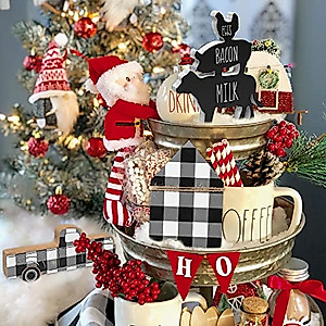 R HORSE 3Pcs Wooden Farmhouse Buffalo Plaid Tiered Tray Decoration Black& White Plaid Rustic Farmhouse Tray Sign Double Printed Farmhouse Shelf Buffalo Plaid Decor for Christmas New Year Photo Prop
