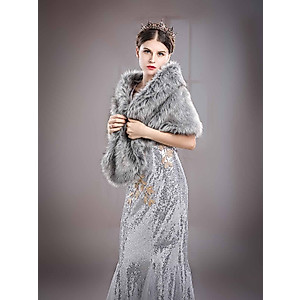 Chicer Wedding Faux Fur Shawl Bridal Faux Fur Shawl Wrap Stole Winter Faux Fur Coat for Bride and Bridesmaids(Grey)