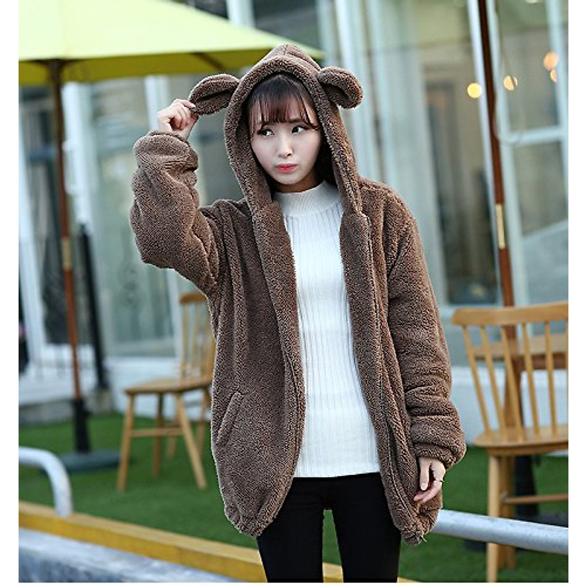 Women Fashion Bear Tail Hoodies,Fluffy Double Velvet Winter Rabbit Ear&Tail Shape Warm Tail Jacket,Long Sleeve Hooded Sweatshirt sweater (brown bear)
