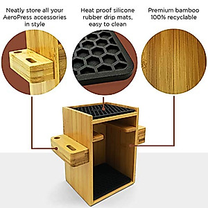 HEXNUB – Compact Bamboo Organizer for AeroPress, Caddy Station Holds AeroPress Coffee Maker, Filters, Cups, Pour Over Accessories With Silicone Dripper Mat, Increased Space Saving (Black)