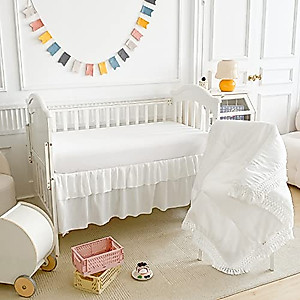 Tassels Crib Bedding Set 3 Pieces Baby Tassels Quilted Comforter with Fitted Sheet and Bed Skirt - Cute Tassels Chic Baby Bedding Soft Blanket Design White