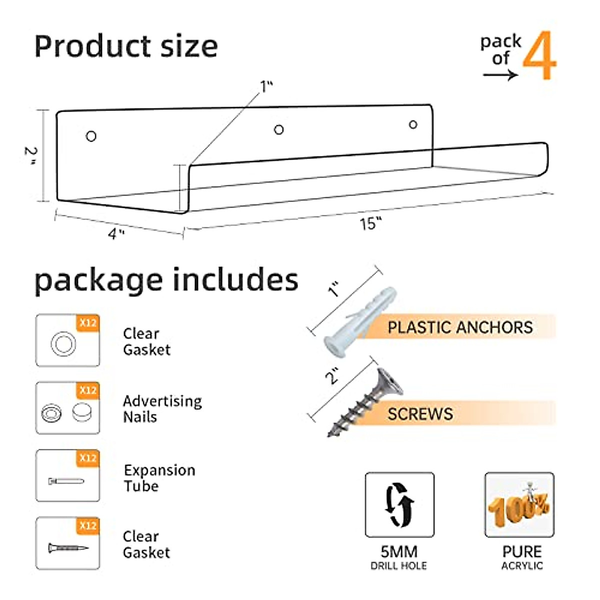 MEISHIDA Acrylic Floating Shelves, Set of 4, 15" Funko Pop Shelves Wall Mounted, Acrylic Shelves for Bathroom, Living Room, Kitchen