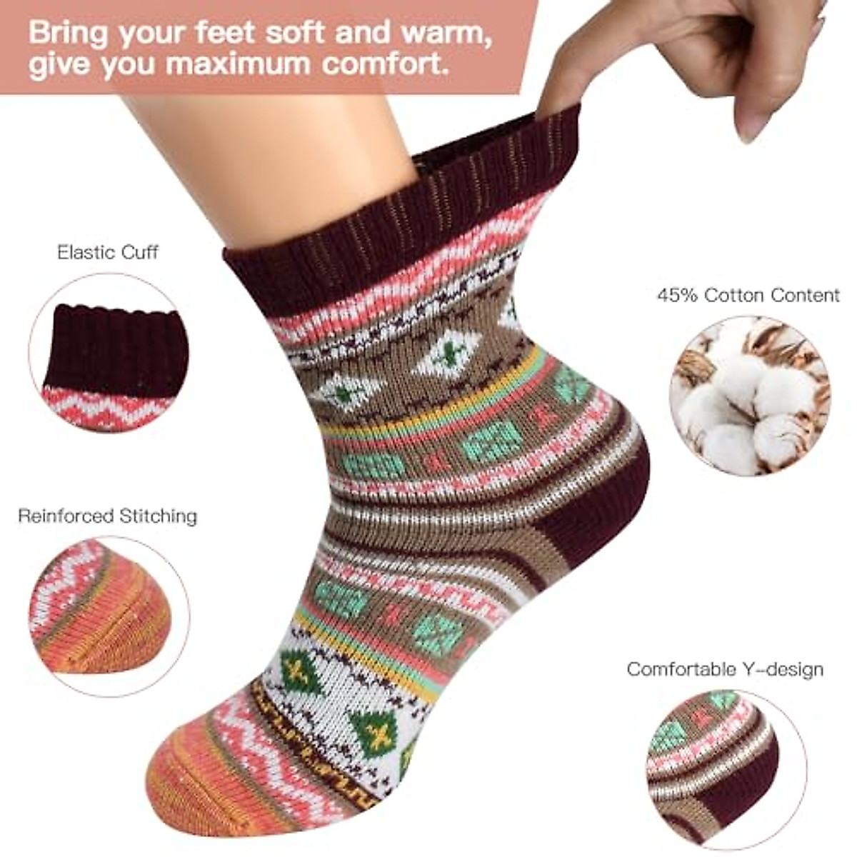 FYC Winter Womens Socks - Wool Warm Thick Knit Cozy Crew Casual Vintage Soft Socks for Women - Christmas Gifts - 5 Pairs