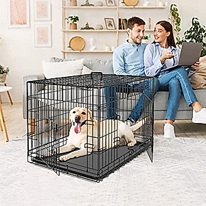 30/36/42Inches Double Door Dog Crate Folding Metal Wire Dog Kennel Cage with Tray for Small/Medium/Large Dogs Indoor Outdoor Travel Use