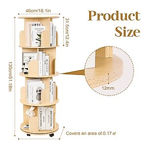 tonchean 4 Tier Rotating Bookshelf Tower,Wood Revolving Bookcase with Wheels Vertical Kids Toddler Bookshelf with Storage,Corner Display Bookshelf Rack for Library Study Office Living Room