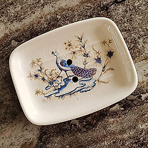 Kelake Ceramic Soap Dish, Ice Crack Ceramic Peacock and Flower Soap Dish Holder for Bathroom, Creative Porcelain Shower Soap Tray Box Bath Accessories with Two Drain Holes