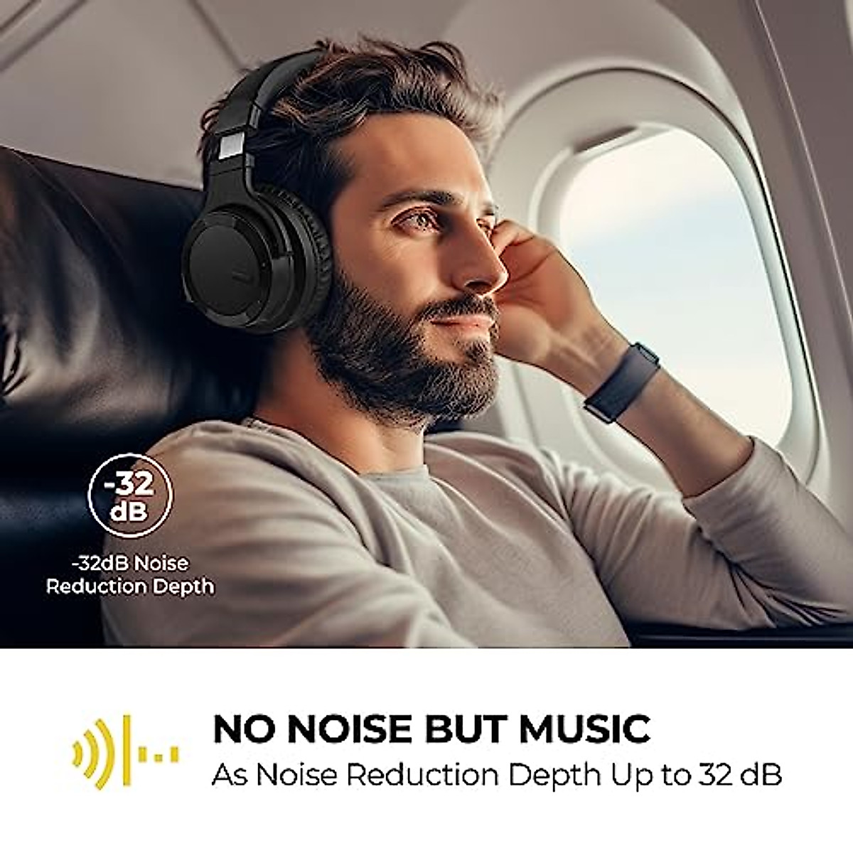 commalta E7 Active Noise Cancelling Headphones, Wireless Bluetooth Headphones with Rich Bass, Wireless Headphones with Built-in Mic, Clear Calls, Bluetooth 5.0, 30 Hours Playtime, Comfort Fit, Black