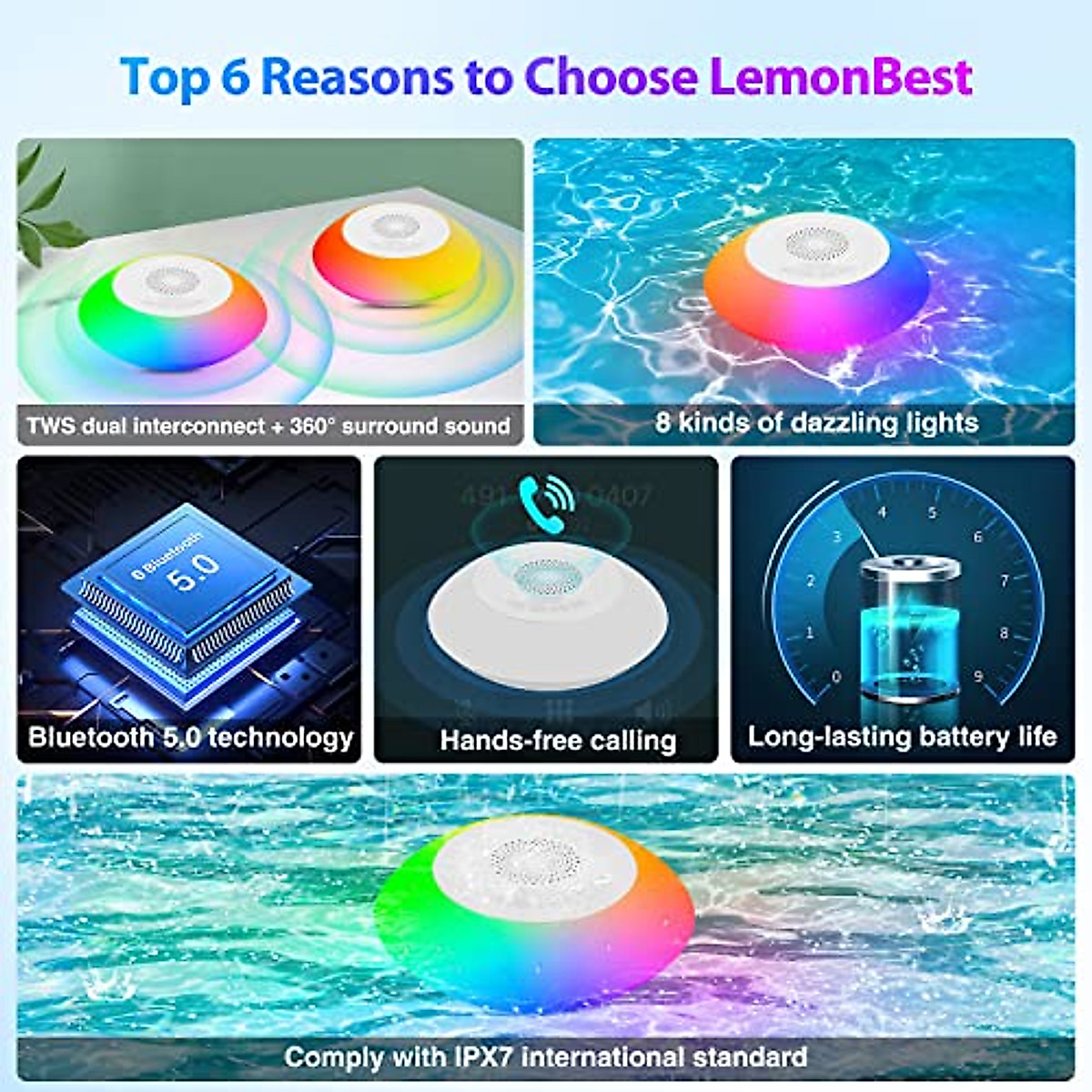 Bluetooth Speakers with Colorful Lights - Portable Pool Speaker IPX7 Waterproof Floating with 8 Modes - Built-in Mic HD Stereo Sound Hands-Free Wireless Hot Tub Speaker for Shower Home Outdoor