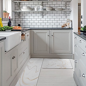 Marble Kitchen Mats and Rugs Set of 2, White Washable Absorbent Grey Gold Kitchen Runner Rug Carpet Anti-Fatigue Comfort Mat for Kitchen Bathroom Laundry