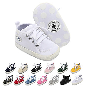 Baby Girls Boys Shoes Soft Anti-Slip Sole Newborn First Walkers Star High Top Canvas Denim Unisex Infant Sneaker (A01-White, 6-12 Months)