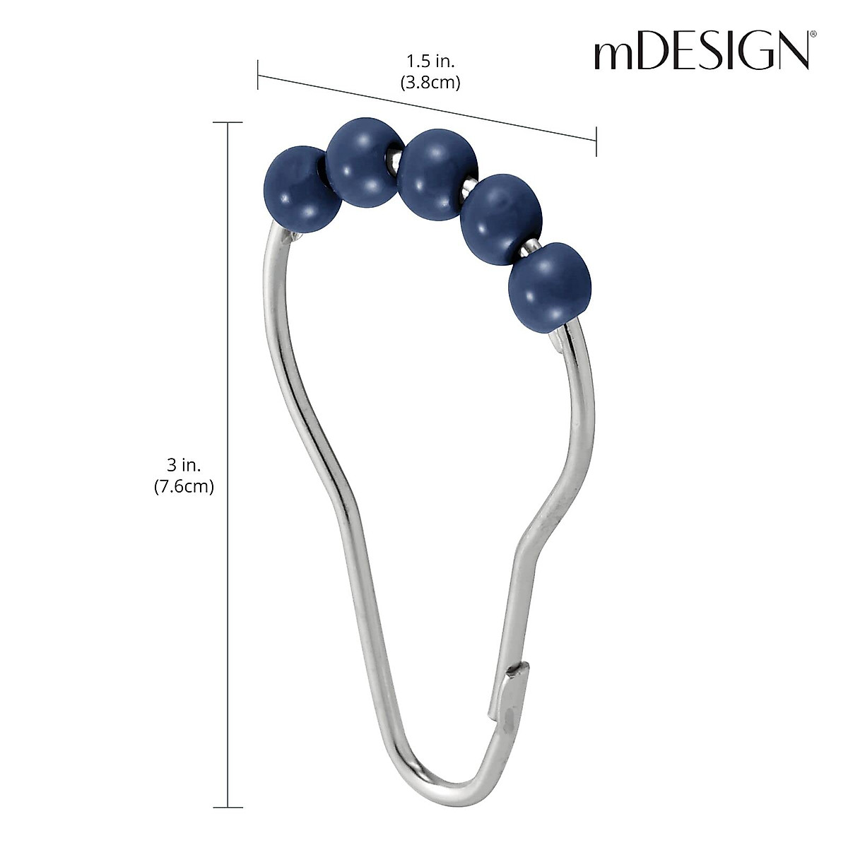 mDesign Steel Metal Easy-Glide Roller Ball Shower Curtain Rings - Bathroom Shower Curtain and Curtain Liner Rolling Ring Hooks for Shower Rod, Guest Bath and Powder Room - 12 Rings - Navy Blue