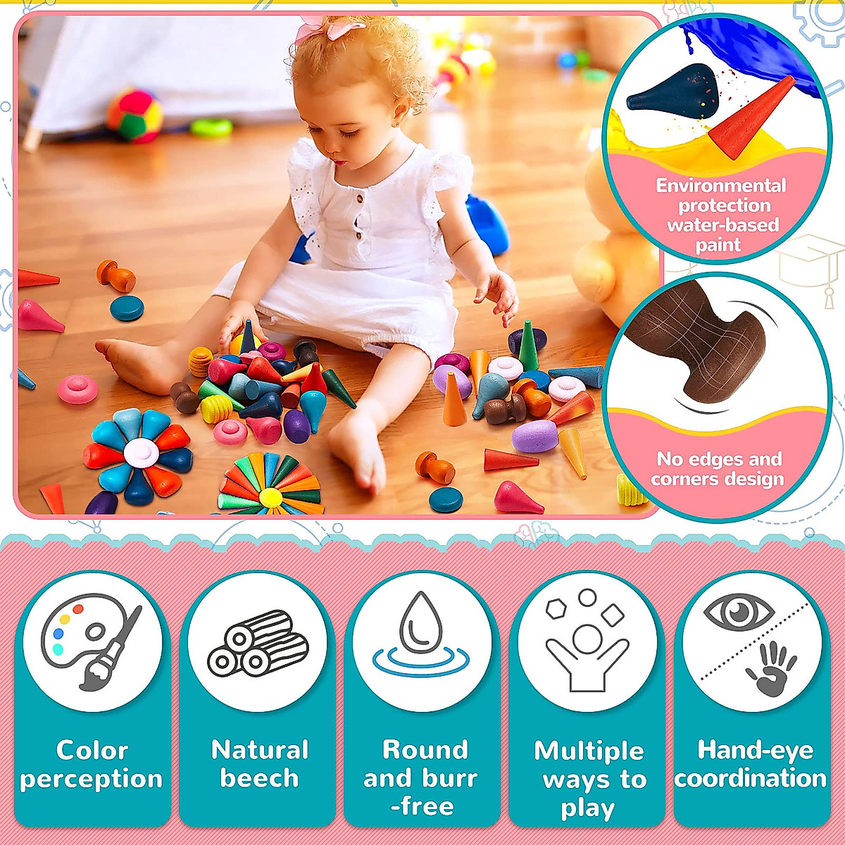Loose Parts Play Materials Set Wooden Mandala Toys Kit Wood Sensory Play Toys 27 Rainbow Color 7 Shapes Loose Parts for Teens Students Early Learning Materials (81)