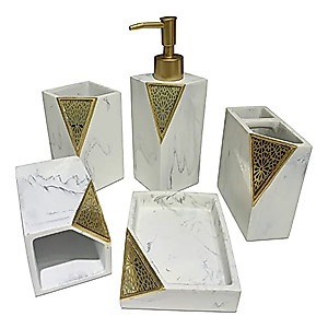Cozy Villa 5-Piece Bathroom Accessories, Lotion Dispenser, Soap Dish, Toothbrush Holder, Tumblers, White Marble with Gold Design