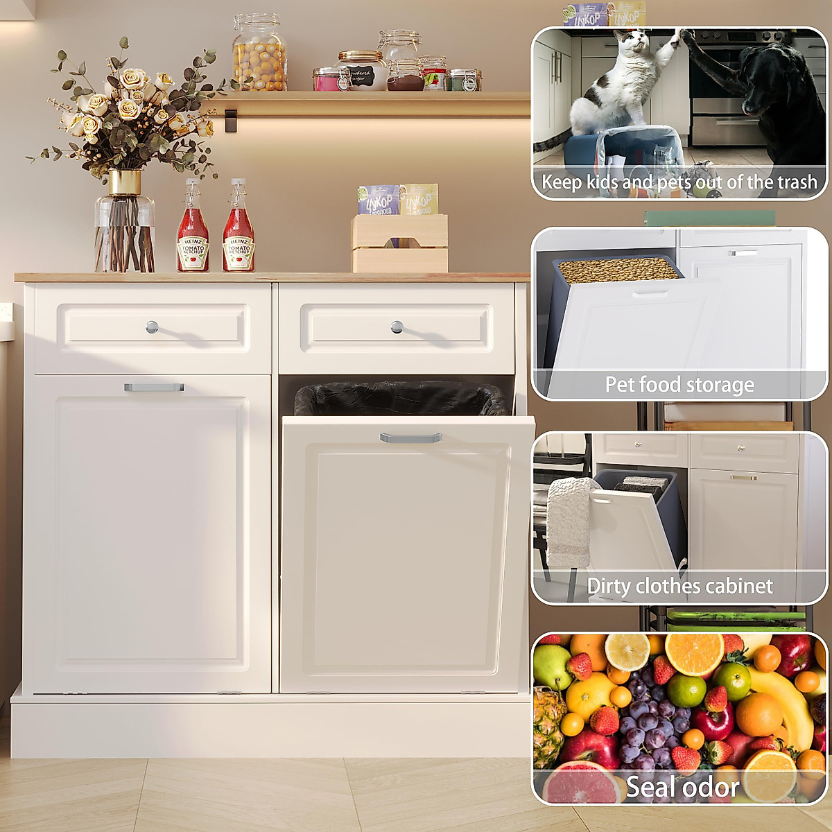 Usinso Double Trash Can Cabinet, Double Tilt Out Trash Cabinet with Hideaway Holder Drawers, Modern Standing Trash Cabinet for Kitchen, Living Room, Laundry Room (White)