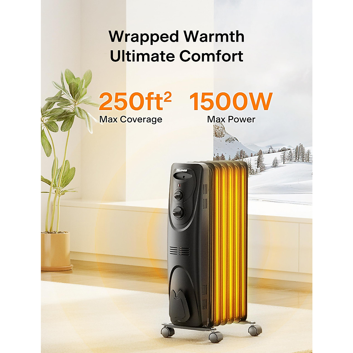 PELONIS Oil Filled Radiator Heater for indoor use Large Room Safe with Thermostat, 1500W Energy Efficient Quiet Space Heater, 3 Heat Settings, Overheat & Tip-Over, Black