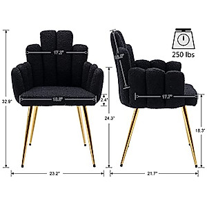 VESCASA Sherpa Accent Chairs with Petal Back, Mid-Century Modern Upholstered Dining Chairs with Arms, Makeup Vanity Chairs with Gold Metal Legs for Living Room/Bedroom, Set of 2, Black
