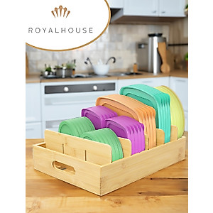 RoyalHouse Bamboo Food Container Lid Organizer with Adjustable Dividers, Box for Kitchen Storage And Organization