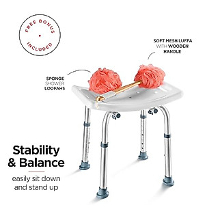 Shower Chair - with Back Scrubber & Additional Sponge - Tool Free Shower Chair for Elderly - with 8 Adjustable Heights - Portable Anti Slip Bath Chair for Elderly