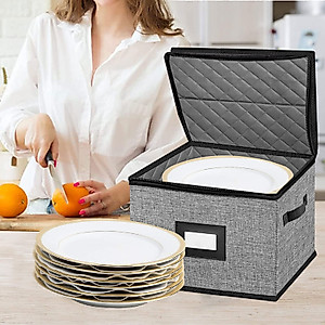 China Storage Containers-Quilted Dish Storage Containers with Lid Hard Shell for Moving Transport, Dinnerware Storage,Stackable Plate Storage,24 Felt Plate Dividers Included,2PACK 12*12*8in(Dark Grey)