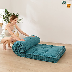 MAXYOYO Daybed Futon Mattress Window Seat Cushion, Cot Size Single Futon Mattress, Portable Roll Up Camping Mattress Long Cushion Sleeping Pad for Couch Travel Car, Turquoise, 75" x 30"