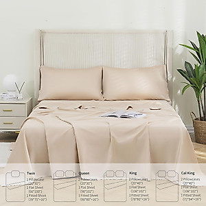 DOWNCOOL Queen Sheet Set - 100% Cotton Sheets Queen Size Set, 400 Thread Count Sateen, 16" Deep Pocket Queen Sheets, Silky Soft & Breathable Queen Bed Sheets, 4-Piece Hotel Luxury Beige Sheets Set