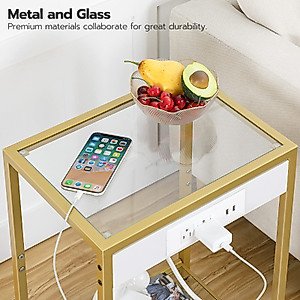 HOOBRO End Tables Set of 2 with Charging Station, Side Tables with USB Ports & Power Outlets, 3-Tier Slim Nightstands with Storage Shelves, Tempered Glass, for Living Room, Bedroom, Gold GD77UBZP201
