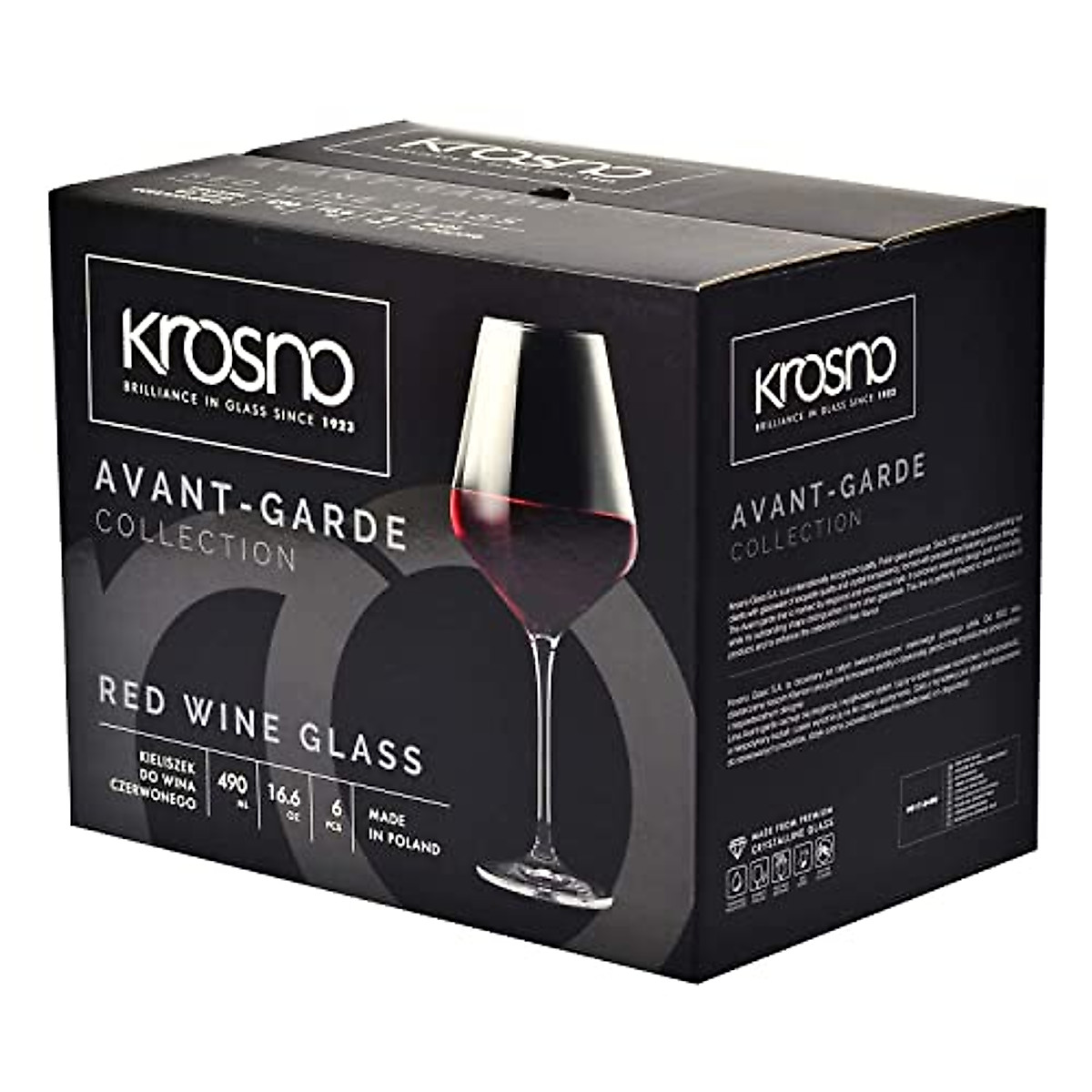 Krosno Red Wine Glasses | Set of 6 | 16.6 oz | Avant-Garde Collection | Crystal Glass | Perfect for Home, Restaurants and Parties | Dishwasher Safe