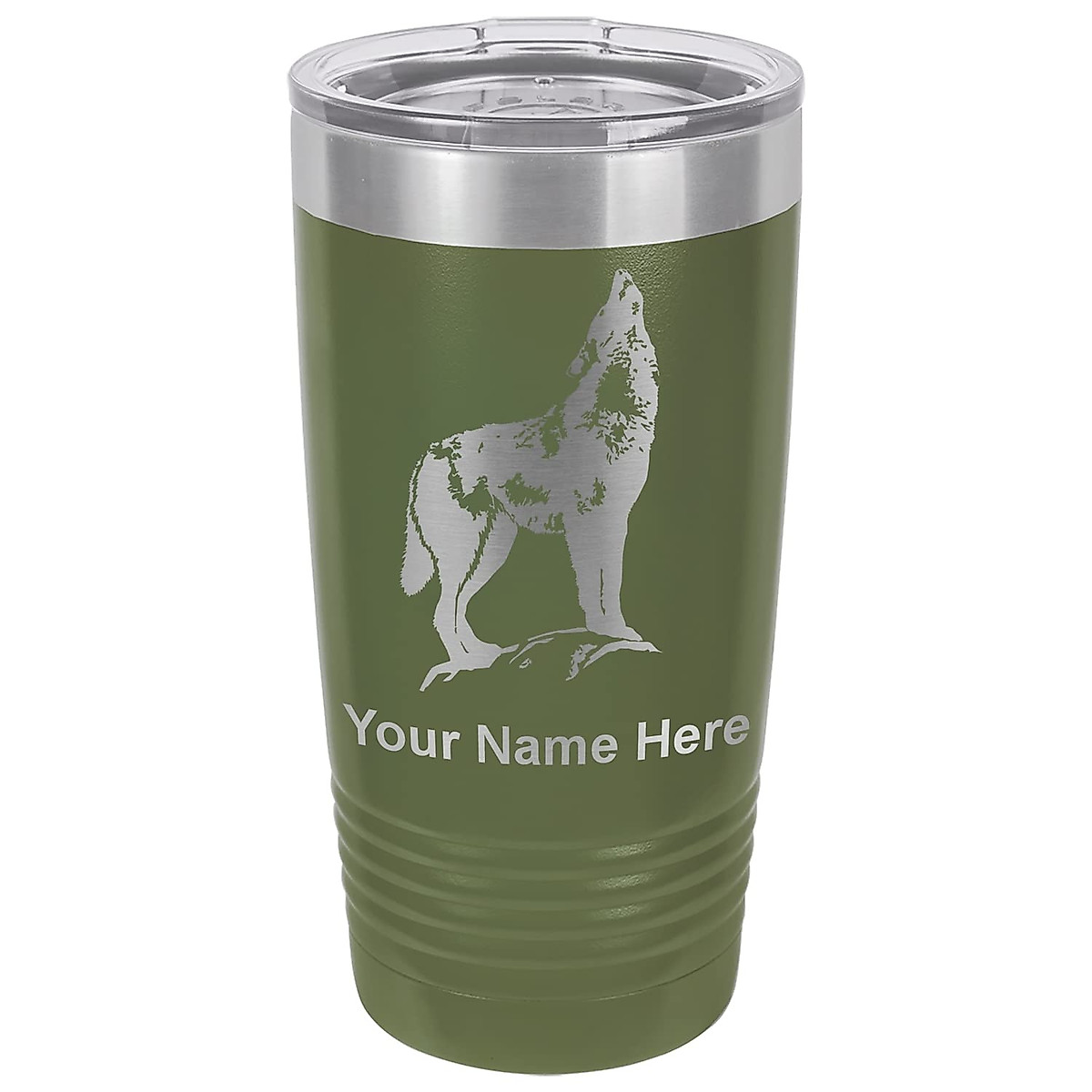 LaserGram 20oz Vacuum Insulated Tumbler Mug, Howling Wolf, Personalized Engraving Included (Camo Green)