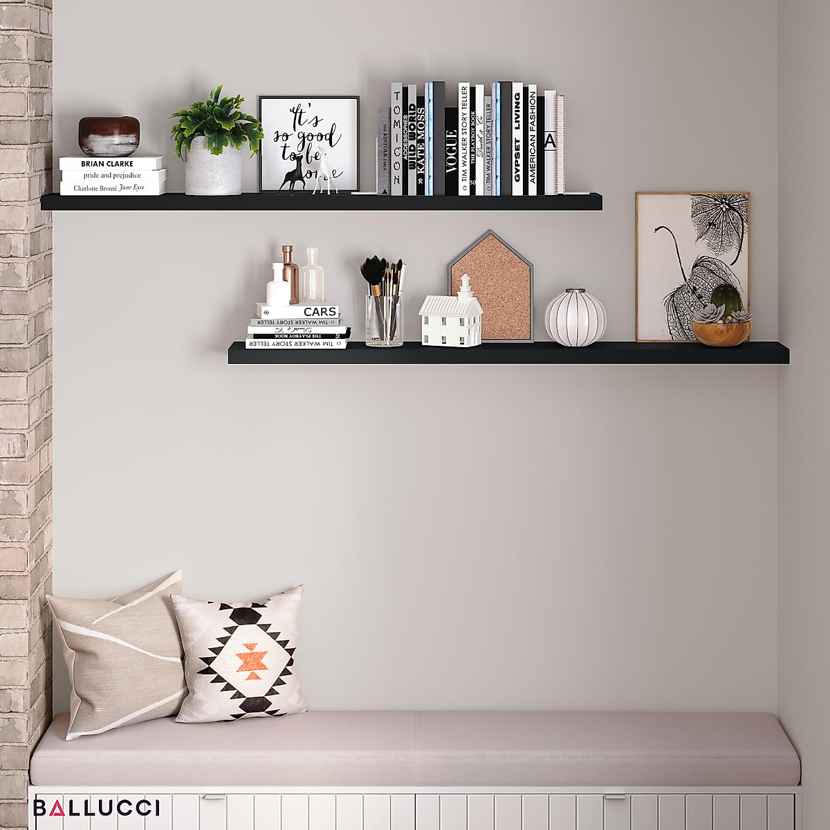 Ballucci Floating Shelves for Wall, 60" Wood Wall Shelf Set of 2, with Invisible Brackets for Bathroom, Living Room, Bedroom, Kitchen, Nursery, 8" Deep, Black