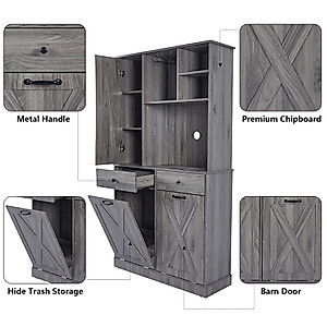 Bocarali Double Tilt Out Trash Cabinet, 20 Gallon Wood Free Standing Storage Cabinet with Drawers Shelves Wine Rack, Kitchen Garbage Can Recycling Bin Cabinet for Farmhouse Kitchen Living Room, Gray