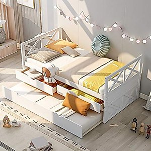 TARTOP Daybed with Pull Out Trundle, Daybed with 2 Storage Drawers, Captain Daybed with Trundle, Twin Sofa Bed with Trundle for Bedroom Living,White