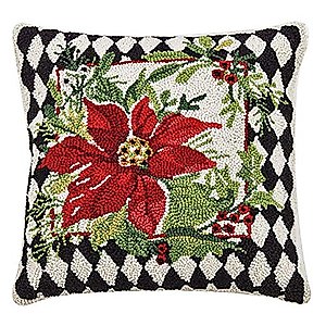 Peking Handicraft Holiday Harlequin Christmas Poinsettia Hooked Throw Pillow - 18" x 18"