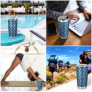 Yasala Mardi Gras Tumbler Fleur De Lis Moroccan Blue Insulated Coffee Cup Fat Tuesday Beverage Container Office Travel Mug with Straw and Lid 20oz Holiday Back to School Gift