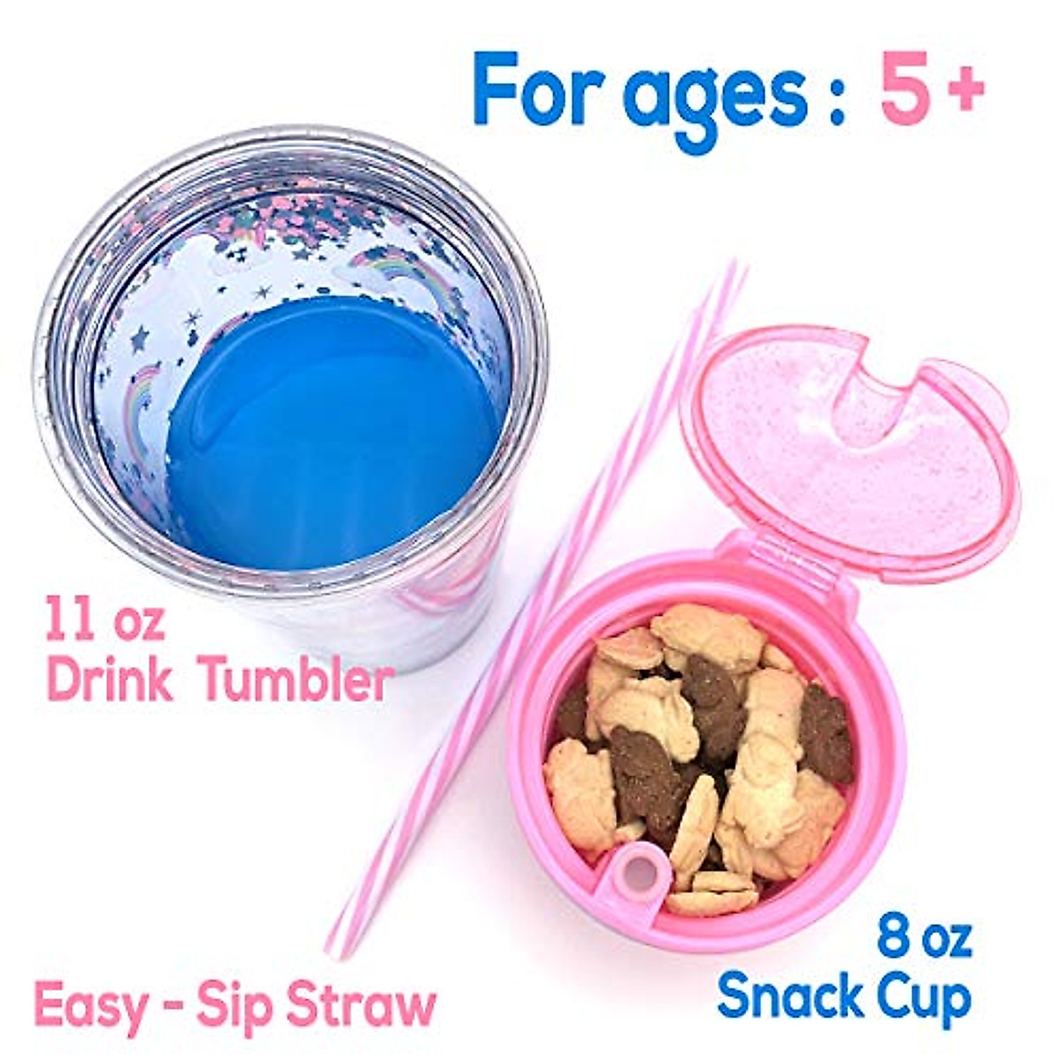 Snack and Drink Cup, Rainbow Theme, Kid's Combo All-in-One Tumbler for On-The-Go, Bonus Sheet of Fun Unicorn and Caticorn Stickers, Straw Included, Pink