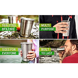 #1 Premium Stainless Steel Cups 16 oz/ 475ml Pint Cup Tumbler (4 Pack) by Greens Steel - Premium Metal Cups - Stackable Durable Cup