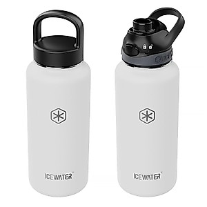 ICEWATER-32 oz, 2 Lids(Auto Spout Lid + Wide Mouth Lid),Stainless Steel Insulated Water Bottle,BPA-Free,Powder Coated,Lockable Lid,Leak Proof,Pop-up Top,One-handed Operation (32 oz, White)