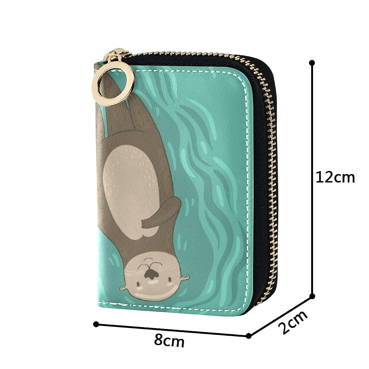 Heart Shaped Sea Otters in Love with You On Turquoise WaterGrey Credit Card Coin wallet, RFID Blocking Compact Women Leather Card Holder, Key Change Organizer, Zipper Purse Clutch Pouch Pocket