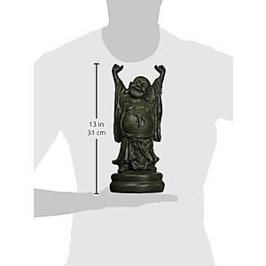 Design Toscano Jolly Hotei Asian Man Sanctuary Decor Statue Figurine, 5 inches wide, 13 inches tall, Cast Stone Resin, Green Bronze Finish