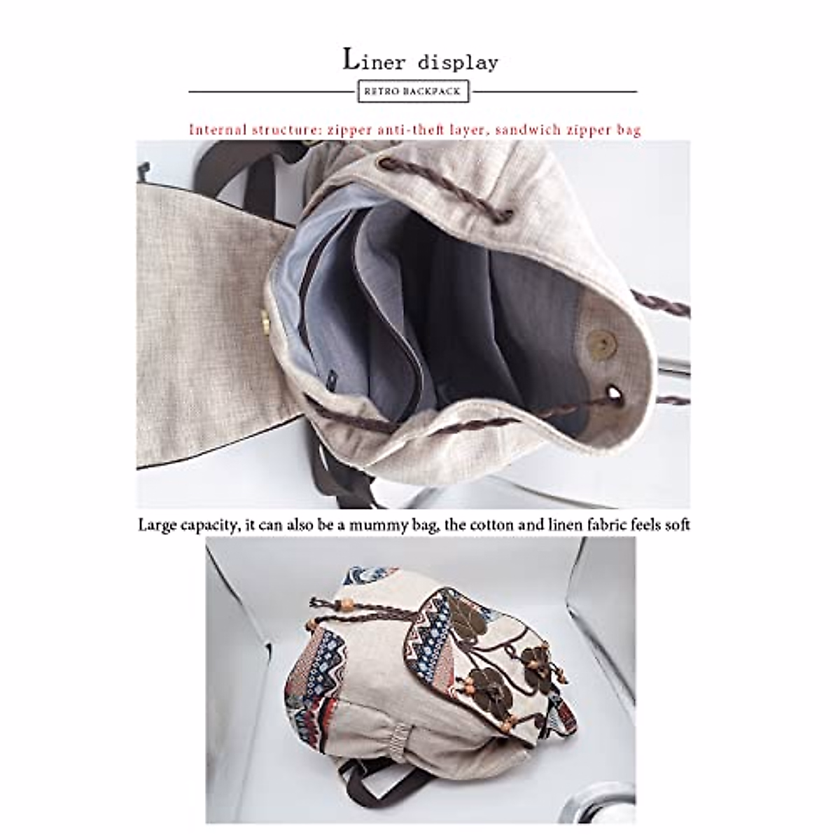 HUANGGUOSHU Backpack Purse For Women Casual Vintage Drawstring Anti-theft Back Pack Hippie Travel Boho Hand-Held Flap Hand-Embroidered Backpack, 13.7*13.7*7.08 inches