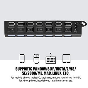 7 Port USB Hub,480Mbps No Conflict Plug & Play USB 2.0 Charger Hub with 7 Independent Switches and Multi-Level for Mobile Phone, Tablet PC, Keyboard, Mouse, Hard Drive, etc