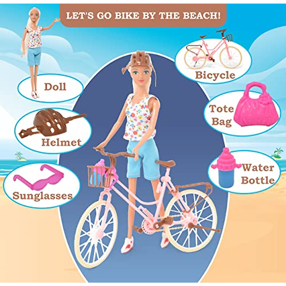 Mini Fashion Doll on Bike by Beach Playset for Girls, Includes Doll with Long Blonde Hair, Bicycle, and Accessories, Boardwalk Outdoor Biking Set Toy for Kids and Toddlers Ages 3 4 5 6 7 8