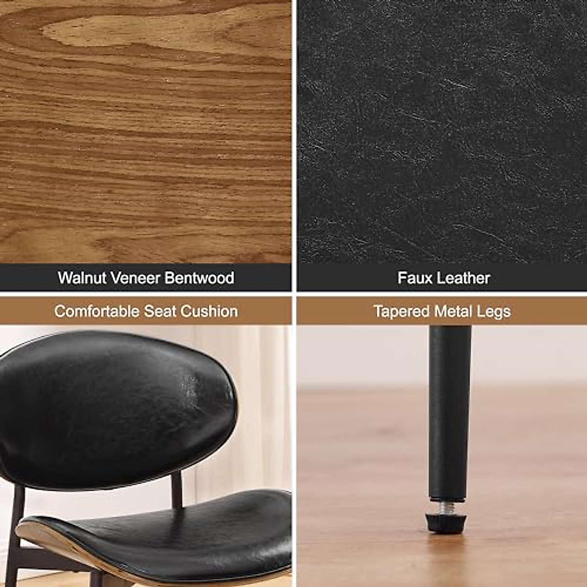 Art Leon Modern Faux Leather Dining Chairs, Mid Century Desk Chair No Wheels, Armless Accent Chair with Black Metal Legs, Set of 2, Black/Walnut