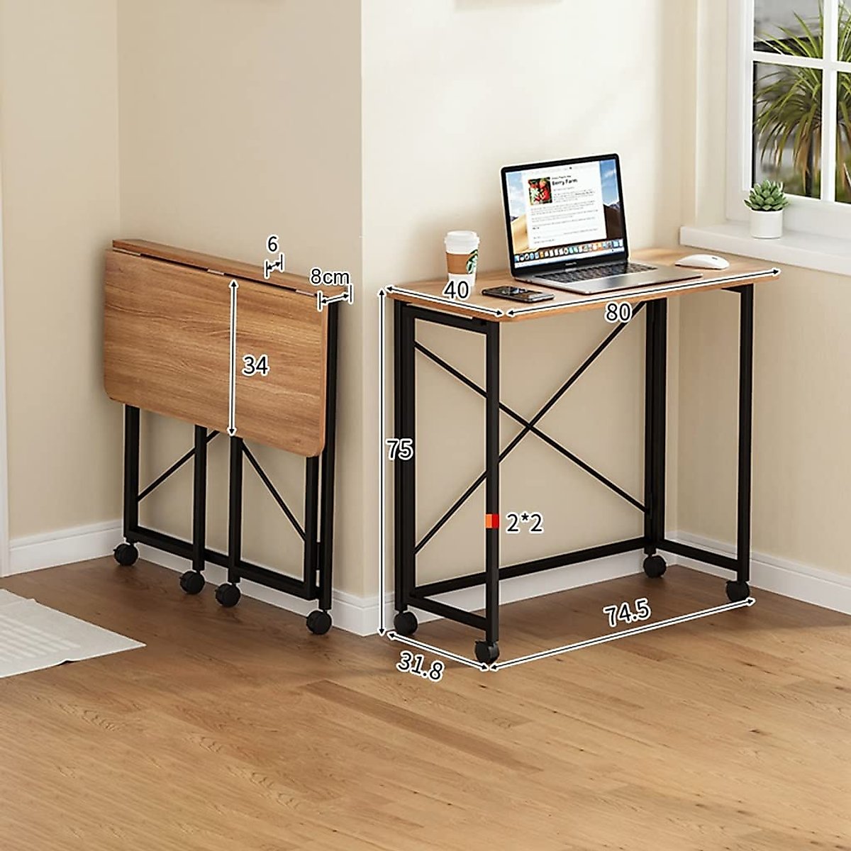 GUINJO Folding Desk with Wheels, No Assembly Required, 31.3/39.4 inch Mobile Writing Computer Desk Space Saving Foldable Table Simple Home Office Desk (Color : Wood, Size : 80 * 40 * 75cm)