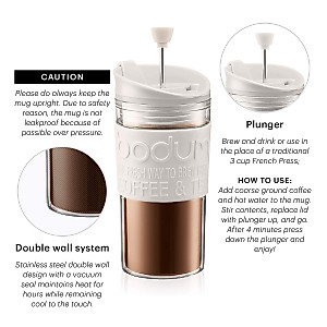 Bodum Travel Press Coffee Maker, Flip Top Lid, Double Wall, Plastic, 0.35 l, 12 oz, Off White