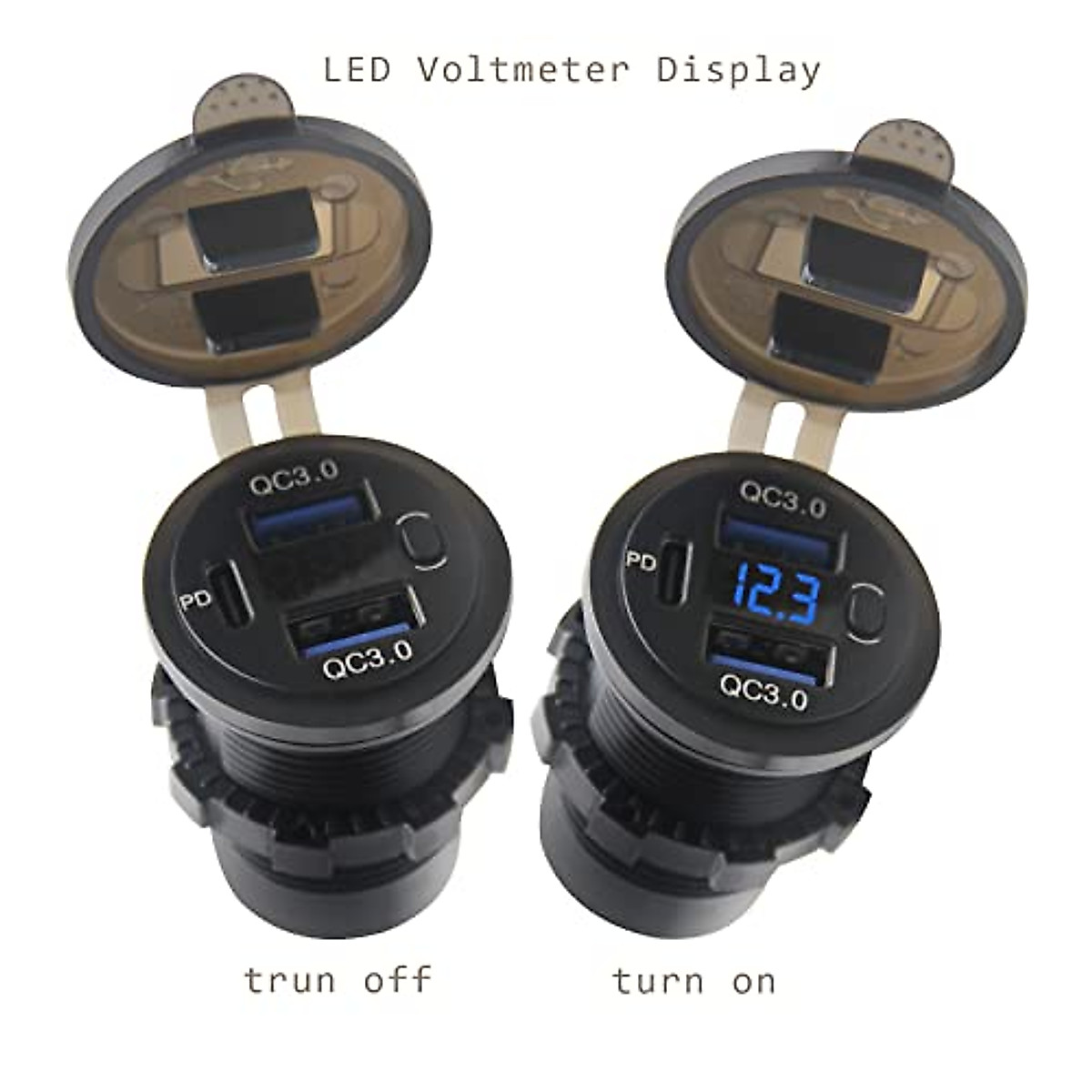 Dual USB Quick Charge 3.0 Port & PD USB C Car Charger Socket, 12V USB Outlet with Voltmeter and Power Switch for Car Boat Marine Truck