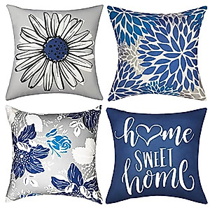 RYSMIYOU Decorative Throw Pillow Covers Set of 4 Blue Pillow Covers 18x18 inch Throw Pillow Cases Linen Square Pillow Case,Farmhouse Outdoor Modern Boho Pillow Covers for Couch Sofa Living Room