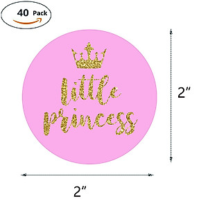 MAGJUCHE Pink Little Princess Crown Stickers, Gold Glitter Girl Baby Shower or Birthday Party Circle Sticker Labels, 2 Inch Round, 40-Pack